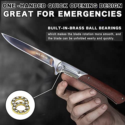 Wlikn Pocket Folding Knife with Belt Clip, 8.6in 3Cr15MoV Stainless Steel Blade Camping Knife, Wood Handle, EDC Outdoor Hunting Tactical Folding Knife Low Profile Slim Pocket Knife for Men