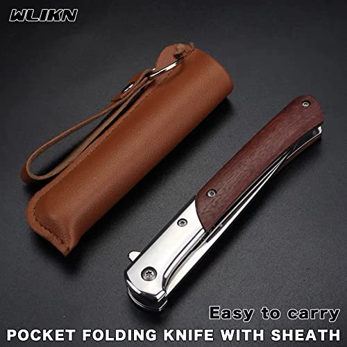 Wlikn Pocket Folding Knife with Belt Clip, 8.6in 3Cr15MoV Stainless Steel Blade Camping Knife, Wood Handle, EDC Outdoor Hunting Tactical Folding Knife Low Profile Slim Pocket Knife for Men