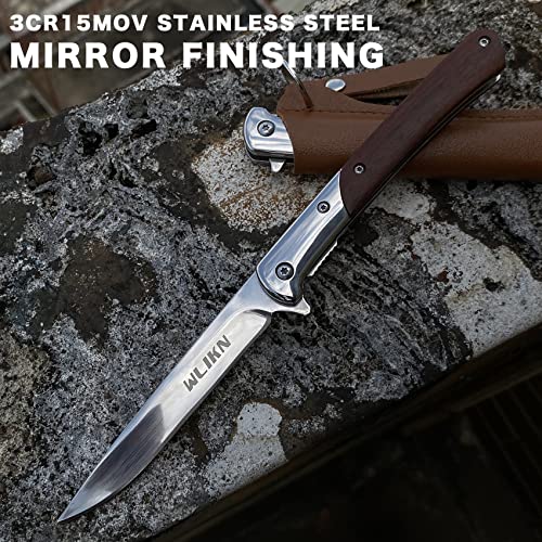 Wlikn Pocket Folding Knife with Belt Clip, 8.6in 3Cr15MoV Stainless Steel Blade Camping Knife, Wood Handle, EDC Outdoor Hunting Tactical Folding Knife Low Profile Slim Pocket Knife for Men