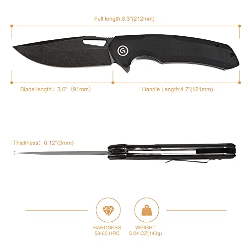 GVDV 9Cr18Mov Stainless Steel Pocket Knife with Ball Bearing Flipper, 3.6”Blade Folding Knife with G10 Handle, EDC Pocket Knives for Hunting Camping Fishing, Gifts for Men Women, Large (Black)