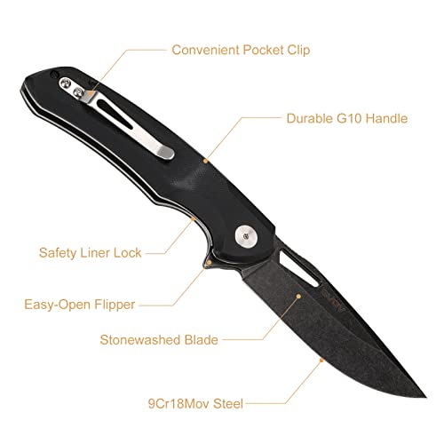 GVDV 9Cr18Mov Stainless Steel Pocket Knife with Ball Bearing Flipper, 3.6”Blade Folding Knife with G10 Handle, EDC Pocket Knives for Hunting Camping Fishing, Gifts for Men Women, Large (Black)