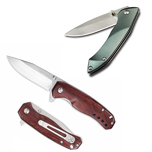 2 Pack Pocket Knife Folding, 8cr13mov Stainless Steel Blade and Aluminum Handle / Rosewood Handle, EDC Tool Knife Tactical Knife, Great for Camping Hunting Hiking, with Belt Clip