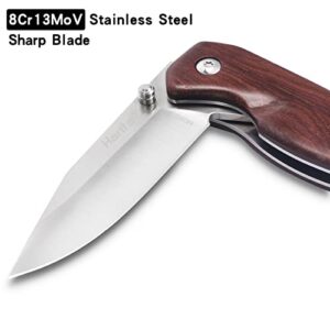 2 Pack Pocket Knife Folding, 8cr13mov Stainless Steel Blade and Aluminum Handle / Rosewood Handle, EDC Tool Knife Tactical Knife, Great for Camping Hunting Hiking, with Belt Clip