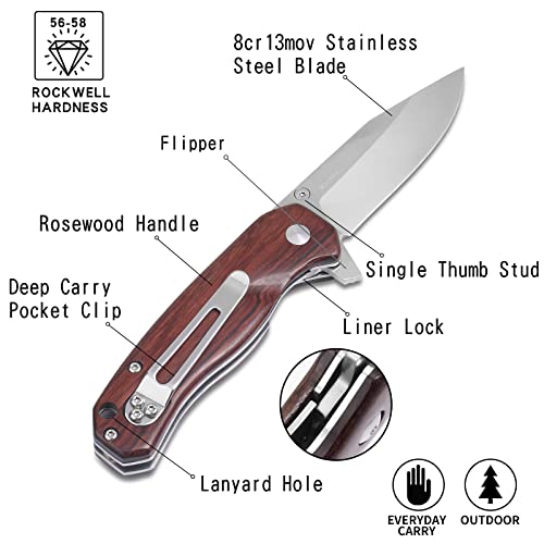 2 Pack Pocket Knife Folding, 8cr13mov Stainless Steel Blade and Aluminum Handle / Rosewood Handle, EDC Tool Knife Tactical Knife, Great for Camping Hunting Hiking, with Belt Clip