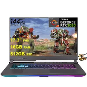 asus rog strix g17 g713 gaming laptop 17.3” fhd 144hz ips amd octa-core ryzen 7 4800h (beats i7-10750h) 16gb ram 512gb ssd geforce rtx 3060 6gb usb-c backlit win10 gray + hdmi cable