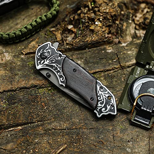 Dispatch 4.5 Inch Folding Pocket Knife with Stainless Steel Titanium Plated Blade, Chicken Wing Wood Handle with Aluminum Piece Head and Tail for Survival, Hunting, Tactical, Outdoor Camping EDC Tool