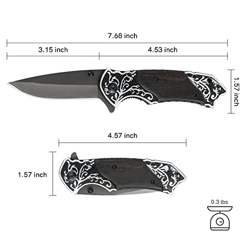 Dispatch 4.5 Inch Folding Pocket Knife with Stainless Steel Titanium Plated Blade, Chicken Wing Wood Handle with Aluminum Piece Head and Tail for Survival, Hunting, Tactical, Outdoor Camping EDC Tool