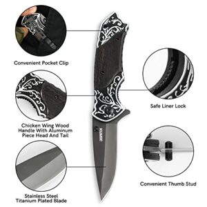 Dispatch 4.5 Inch Folding Pocket Knife with Stainless Steel Titanium Plated Blade, Chicken Wing Wood Handle with Aluminum Piece Head and Tail for Survival, Hunting, Tactical, Outdoor Camping EDC Tool