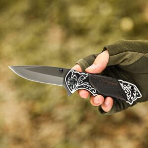 Dispatch 4.5 Inch Folding Pocket Knife with Stainless Steel Titanium Plated Blade, Chicken Wing Wood Handle with Aluminum Piece Head and Tail for Survival, Hunting, Tactical, Outdoor Camping EDC Tool