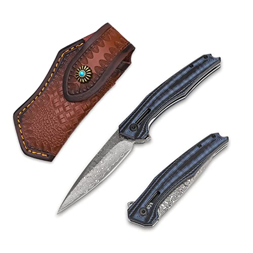 STANBIK EDC Damascus Pocket Knife With Sheath ,Black And Blue Handle with clip,3.46" Damascu Blade Folding Knife for Outdoor Survival Hunting Hiking Fishing Camping.