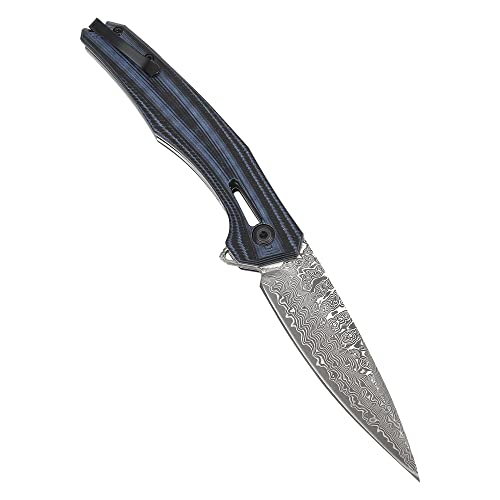 STANBIK EDC Damascus Pocket Knife With Sheath ,Black And Blue Handle with clip,3.46" Damascu Blade Folding Knife for Outdoor Survival Hunting Hiking Fishing Camping.