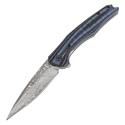 STANBIK EDC Damascus Pocket Knife With Sheath ,Black And Blue Handle with clip,3.46" Damascu Blade Folding Knife for Outdoor Survival Hunting Hiking Fishing Camping.