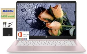 2021 newest hp 14 inch thin light hd laptop computer, intel celeron n4000 up to 2.6 ghz, 4gb ddr4, 64gb emmc, wifi , webcam, 1-year office 365, up 11 hours, windows 10 s, pink + marxsolcables