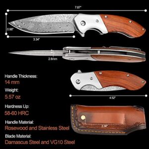 KOMWERO Damascus Pocket Knife, Sharp Damascus Steel Knife with Core VG10 Steel Blade Wood Handle, Folding Knife with Clip for Men Hunting, 60 HRC, Blade Length 3.34"