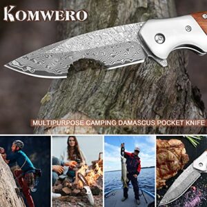 KOMWERO Damascus Pocket Knife, Sharp Damascus Steel Knife with Core VG10 Steel Blade Wood Handle, Folding Knife with Clip for Men Hunting, 60 HRC, Blade Length 3.34"