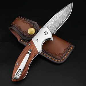 KOMWERO Damascus Pocket Knife, Sharp Damascus Steel Knife with Core VG10 Steel Blade Wood Handle, Folding Knife with Clip for Men Hunting, 60 HRC, Blade Length 3.34"