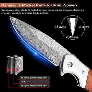 KOMWERO Damascus Pocket Knife, Sharp Damascus Steel Knife with Core VG10 Steel Blade Wood Handle, Folding Knife with Clip for Men Hunting, 60 HRC, Blade Length 3.34"