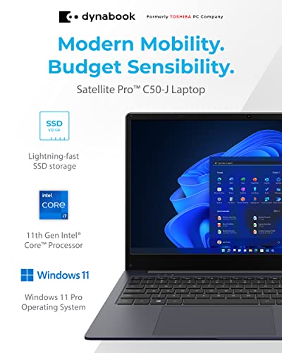 DYNABOOK Satellite Pro C50-J15250 Laptop, 11th Gen Intel Core i7-1165G7, Windows 11 Pro, 16 GB RAM, 512 GB SSD, 15.6" FHD Display, Intel UHD Graphics, Thin & Light, Full-Size Keyboard (PYS43U-00F00)