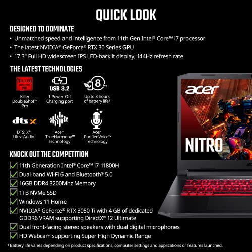 Acer Nitro 5 AN517-54-79L1 Gaming Laptop | Intel Core i7-11800H | NVIDIA GeForce RTX 3050Ti GPU | 17.3" FHD 144Hz IPS Display | 16GB DDR4 | 1TB NVMe SSD | Killer Wi-Fi 6 | Backlit KB | Win 11