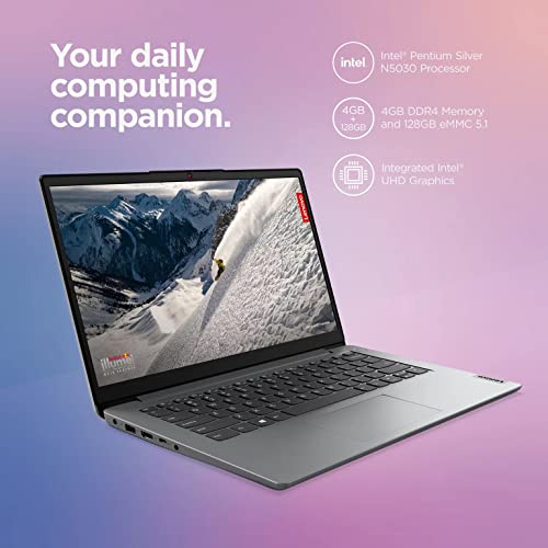 Lenovo IdeaPad 1i Laptop 14" HD Display, Intel Pentium Silver N5030 Processor(4-Core, up to 3.1 GHz), 4GB RAM, 256GB Storage(128GB eMMC + 128GB MSD Card), 10Hr Battery, Win 11 S, 1 Year Microsoft 365