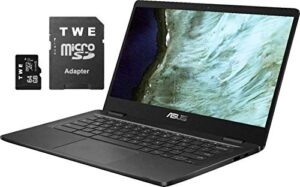 asus chromebook 14″ hd led-backlit screen laptop, intel celeron n3350, 4gb ddr4, 32gb emmc ssd, wi-fi, bluetooth, webcam, online class ready, chrome os, twe 64gb microsd card