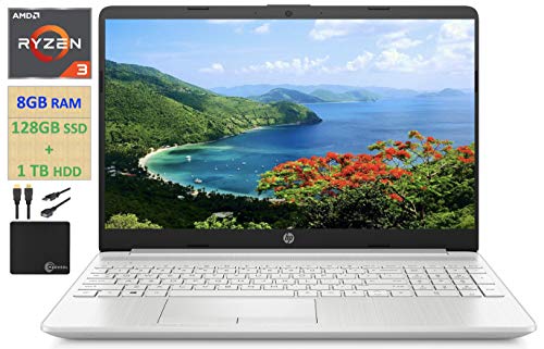 2021 HP Flagship 15.6” HD Laptop Computer, AMD Ryzen 3 3250U up to 3.5GHz (Beat Intel i5-7200U), 8GB RAM, 128GB SSD+1TB HDD, HD Webcam, Remote Work,WiFi, Bluetooth 4.2, HDMI, Win10 S, w/Marxsol Cables