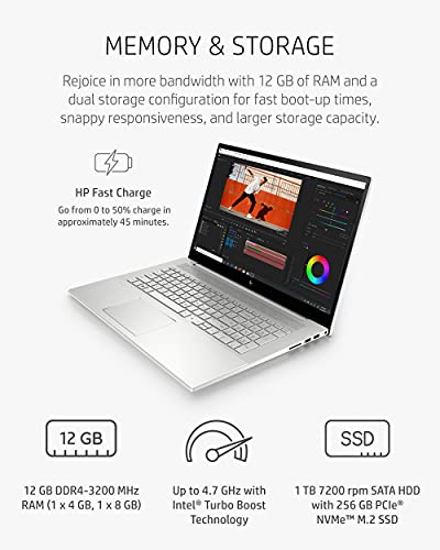 HP Envy 17 Laptop, 11th Gen Intel Core i7-1165G7, 12 GB RAM, 1 TB SATA Hard Drive & 256 GB SSD Storage, 17.3-inch Full HD IPS Touchscreen, Windows 10 Home, HD Webcam, Audio by B&O (17-cg1010nr, 2021)