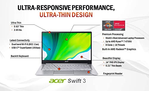 Acer Swift 3 Ultra Light Laptop AMD Ryzen 7 4700U 8-Core Processor 8GB DDR4 512GB NVMe SSD WiFi 6 Backlit Keyboard Fingerprint Reader SF314-42 Windows 11 (Renewed)