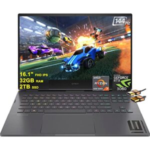 hp omen 16 gaming laptop 16.1″ fhd ips 144hz 7ms (100% srgb, 300nits) amd ryzen 6000 octa-core ryzen 7 6800h 32gb ram 2tb ssd geforce rtx 3060 6gb rgb backlit usb-c b&o win11 black + hdmi cable