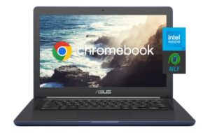 asus 14” chromebook (latest model), intel celeron dual core processor, 4gb ram, 32gb emmc military-grade durability, spill resistant keyboard, long battery life, nly mp, chrome os ‎dark blue