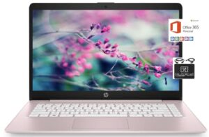 2021 newest hp 14 inch hd laptop computer, intel celeron n4000 up to 2.6 ghz, 4gb ddr4, 64gb emmc storage, wifi , webcam, hdmi, bluetooth, 1 year microsoft 365,windows 10 s, rose pink + hubxcel cables