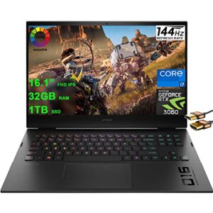 hp omen 16 gaming laptop 16.1” fhd ips 144hz 7ms (100% srgb) 11th gen intel 8-core i7-11800h 32gb ram 1tb ssd geforce rtx 3060 6gb backlit thunderbolt win11 black + hdmi cable