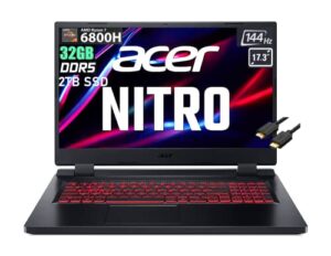 acer nitro 5 17.3″ fhd 144hz (ddr5 32gb ram, 2tb pcle ssd, amd ryzen 7 6800h (beats intel i7 10750h) , geforce rtx 3050ti) gaming laptop, backlit kb, webcam, ray tracing, ist hdmi, win 11 home