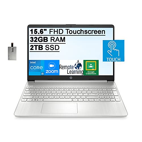 2022 HP 15.6" FHD Touchscreen Laptop Computer, Intel Core i5-1135G7 Processor, 32GB DDR4 RAM, 2TB SSD, Intel Iris Xe Graphics, HD Webcam, HD Audio, USB-C, Windows 11, Silver, 32GB SnowBell USB Card