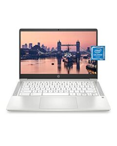 hp chromebook 14 laptop, intel celeron n4000 processor, 4 gb ram, 32 gb emmc, 14” hd display, chrome, lightweight computer with webcam and dual mics, home, school, music, movies, (renewed)