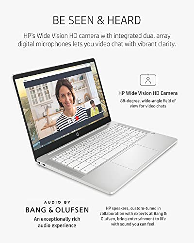 HP Chromebook 14 Laptop, Intel Celeron N4000 Processor, 4 GB RAM, 32 GB eMMC, 14” HD Display, Chrome, Lightweight Computer with Webcam and Dual Mics, Home, School, Music, Movies, (Renewed)