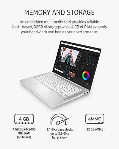 HP Chromebook 14 Laptop, Intel Celeron N4000 Processor, 4 GB RAM, 32 GB eMMC, 14” HD Display, Chrome, Lightweight Computer with Webcam and Dual Mics, Home, School, Music, Movies, (Renewed)