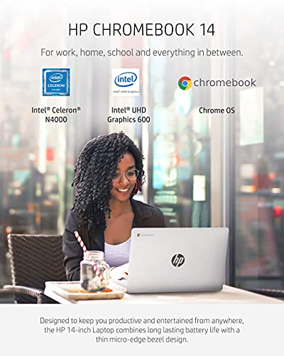 HP Chromebook 14 Laptop, Intel Celeron N4000 Processor, 4 GB RAM, 32 GB eMMC, 14” HD Display, Chrome, Lightweight Computer with Webcam and Dual Mics, Home, School, Music, Movies, (Renewed)