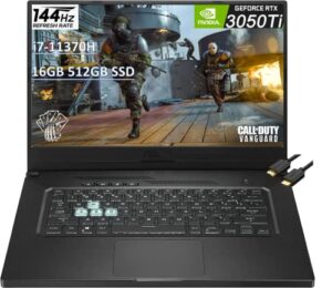 asus tuf gaming dash f15 15.6″ fhd 144hz (16gb ram, 512gb ssd, intel 8-core i7-11370h (beat ryzen 7 5800h), rtx 3050 ti) ips laptop, backlit, type-c, wi-fi 6, ist hdmi cable, windows 10