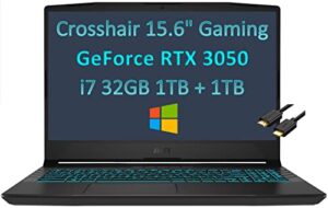 msi crosshair 15 15.6″ 144hz (intel 8-core i7-11800h, 32gb ram, 1tb pcie ssd + 1tb hdd, rtx 3050), fhd 1080p gaming laptop, webcam, rgb backlit, type-c, wi-fi 6, ist computers cable, windows 10