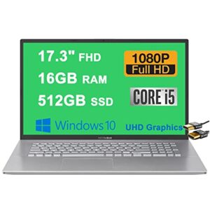 asus (renewed) vivobook 17 business laptop 17.3″ fhd anti-glare led display intel quad-core i5-1035g1 processor 16gb ram 512gb ssd intel uhd graphics backlit keyboard usb-c win10 silver + hdmi cable