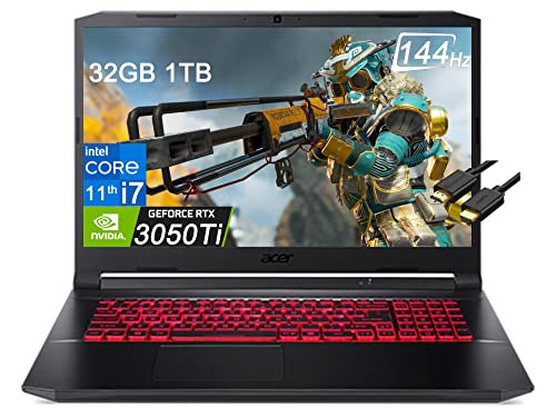 2022 Acer Nitro 5 (17.3" FHD 144Hz, Intel i7-11800H, 32GB RAM, 1TB PCle SSD, GeForce RTX 3050Ti 4GB) Backlit Gaming Laptop, Webcam, Killer WiFi 6, Ray Tracing, IST Cable, Windows 11 Home (Renewed)