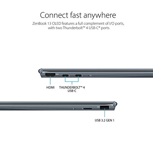 ASUS ZenBook 13 Ultra-Slim Laptop, 13.3 OLED NanoEdge, Intel Evo Platform i5-1135G7, 8GB LPDDR4X RAM, 256GB SSD, Thunderbolt 4, Wi-Fi 6, Windows 11 Home, AI Noise-Cancellation, Pine Grey, UX325EA-DH51