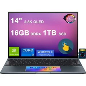 asus zenbook 14x oled laptop i 14″ 2.8k oled multi-touch 100% dci-p3 i intel 4-core i7-1165g7 i 16gb ddr4 1tb ssd i geforce mx450 2gb i backlit fingerprint thunderbolt win11pro + 32gb microsd card