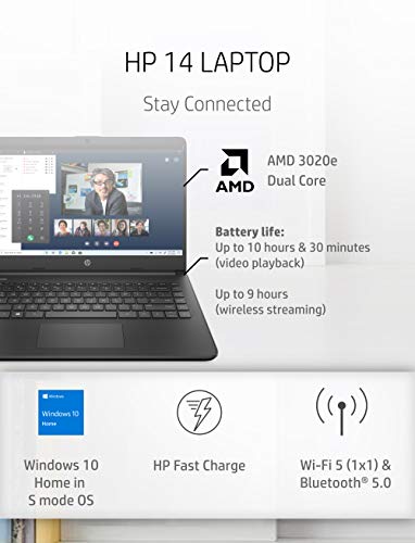 HP 14 Laptop, AMD 3020e, 4 GB RAM, 64 GB eMMC Storage, 14-inch HD Display, Windows 10 Home in S Mode, Long Battery Life, Microsoft 365, (14-fq0020nr, 2020)