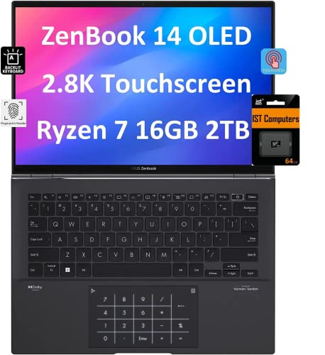 ASUS ZenBook 14 OLED UM3402 14" QHD+ Touchscreen (AMD Ryzen 7-5825U, 16GB RAM, 1TB SSD, 8-Core (Beats i7-1165G7)) Business Laptop, Backlit, Fingerprint, 19 Hr Battery, IST SD Card, Win 11 Home - 2023