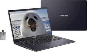 asus 2022 14” hd laptop, intel celeron n4020 processor, 4gb ram, 64gb emmc flash memory, graphics 500, webcam, stereo speakers, black, windows 11s, 32gb snowbell usb card