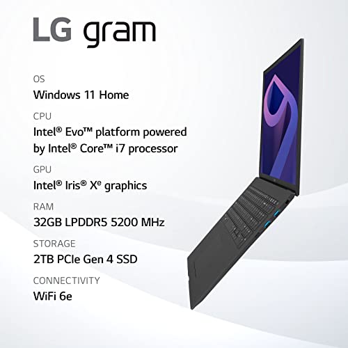 LG gram (2022) 17Z90Q Ultra Lightweight Laptop, 17" (2560 x 1600) IPS Display, Intel Evo 12th Gen i7 1260P Processor, 32GB LPDDR5, 2TB NVMe SSD, FHD Webcam, WiFi 6E, Thunderbolt 4, Windows 11, Black