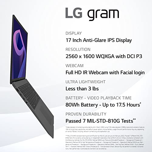 LG gram (2022) 17Z90Q Ultra Lightweight Laptop, 17" (2560 x 1600) IPS Display, Intel Evo 12th Gen i7 1260P Processor, 32GB LPDDR5, 2TB NVMe SSD, FHD Webcam, WiFi 6E, Thunderbolt 4, Windows 11, Black