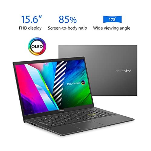 ASUS VivoBook 15 OLED K513 Thin & Light Laptop, 15.6 OLED Display, Intel i5-1135G7 CPU, Intel Iris Xe Graphics, 12GB RAM, 512GB PCIe SSD, Fingerprint Reader, Windows 10 Home, Indie Black, K513EA-AB54